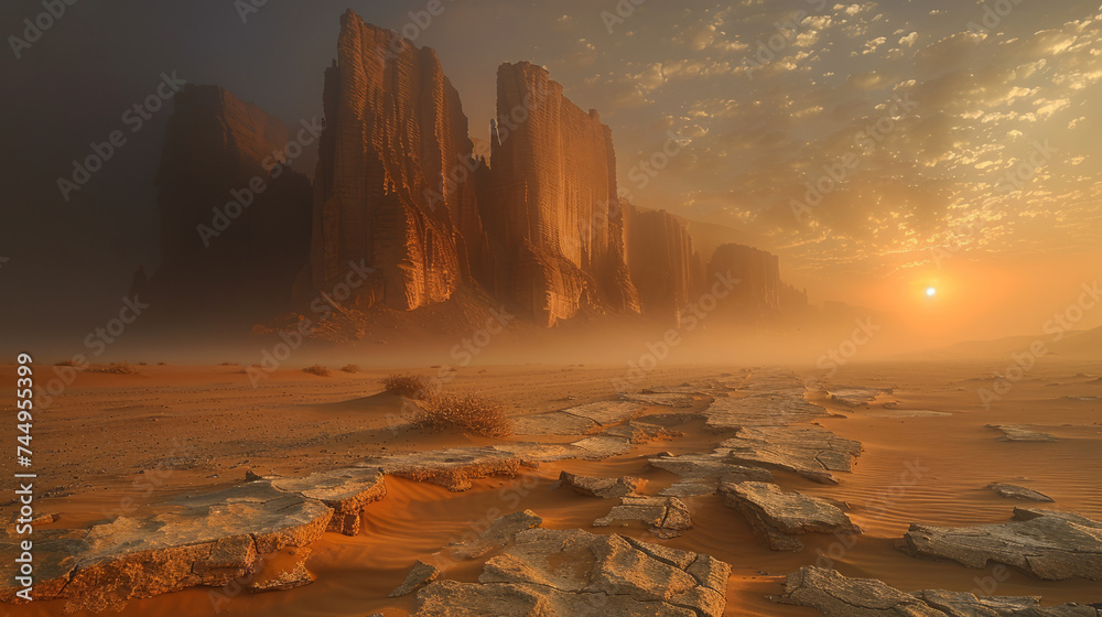 cracked lines of sand and clay leading into jagged desert rock spires ...