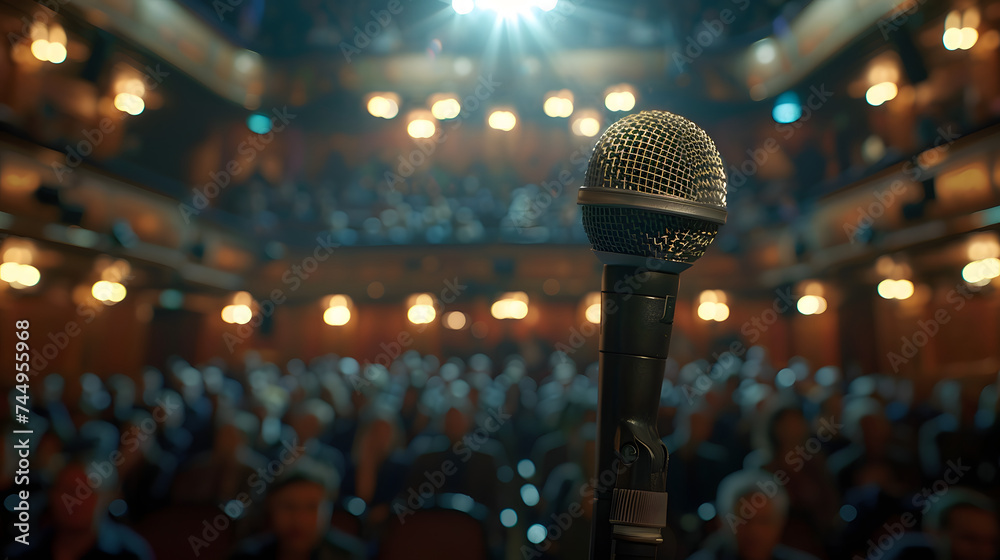 A single microphone on a stand is highlighted by a spotlight against a ...