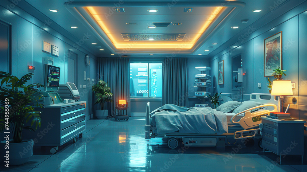 Biometrics, recovery ICU intensive care unit room ward with life ...