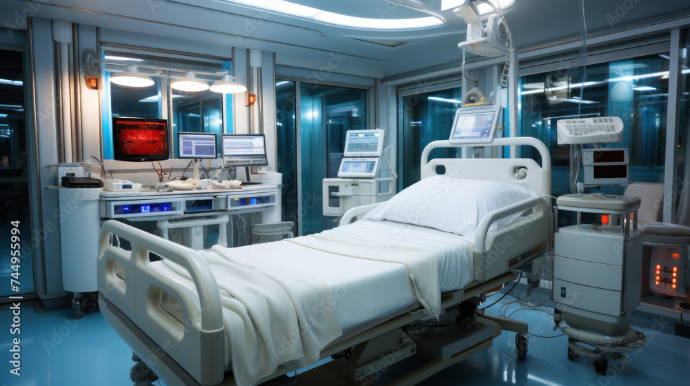 Biometrics, recovery ICU intensive care unit room ward with life ...