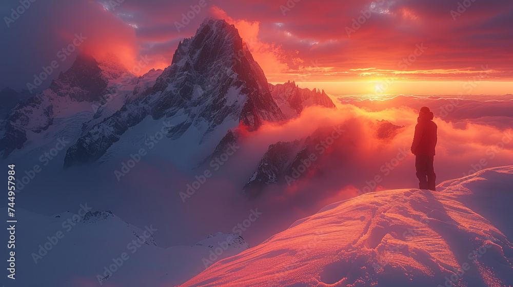 Glaciers, crevasses, Matterhorn, distant man, frosty dunes, sunrise ...