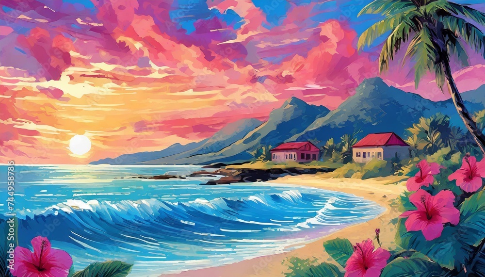 tropical island in the sea, colors cerulean blue and hibiscus pink ...