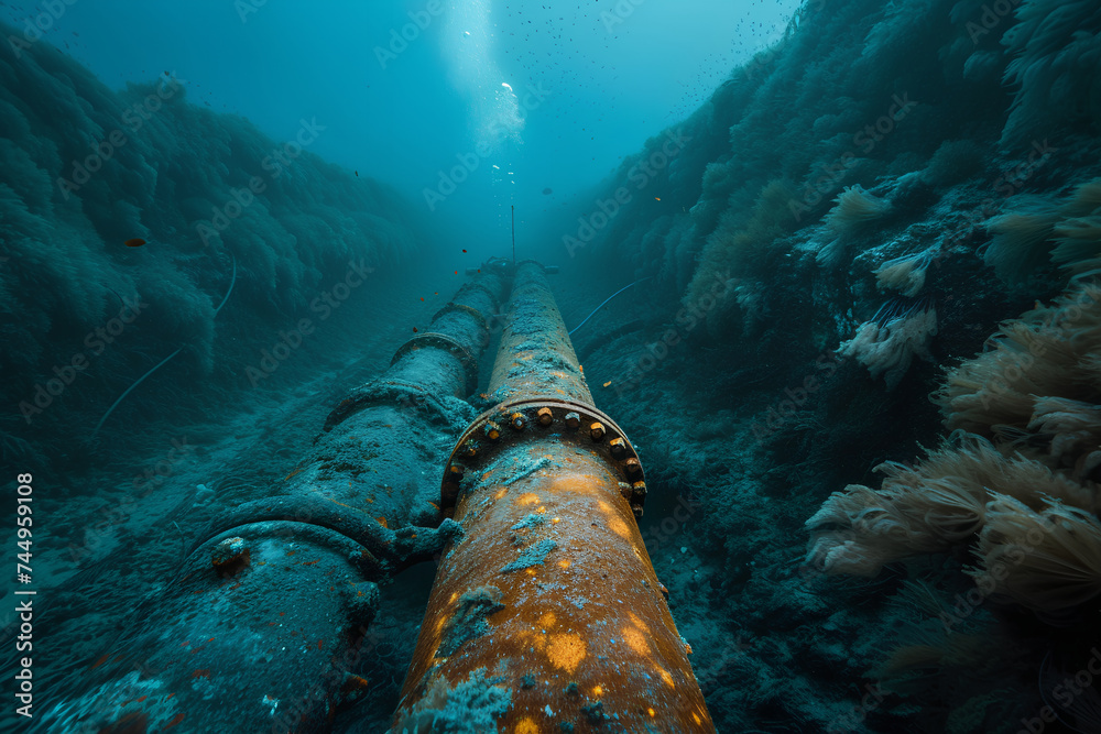 The gas pipeline runs on the seabed. Transport of gas, oil. Concept of ...