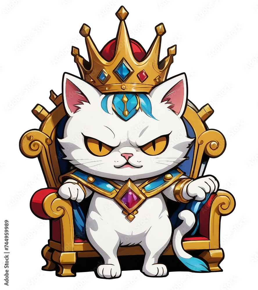 Cartoon cat king on the throne, a white cat wearing a crown sitting on ...