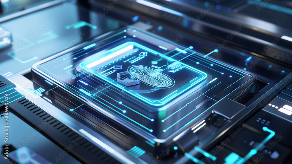 An overhead view of a sleek, metallic security terminal, with a ...