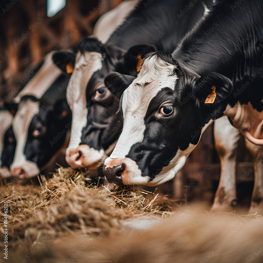 Group of cows at cowshed eating hay or fodder on dairy farm Stock Photo ...