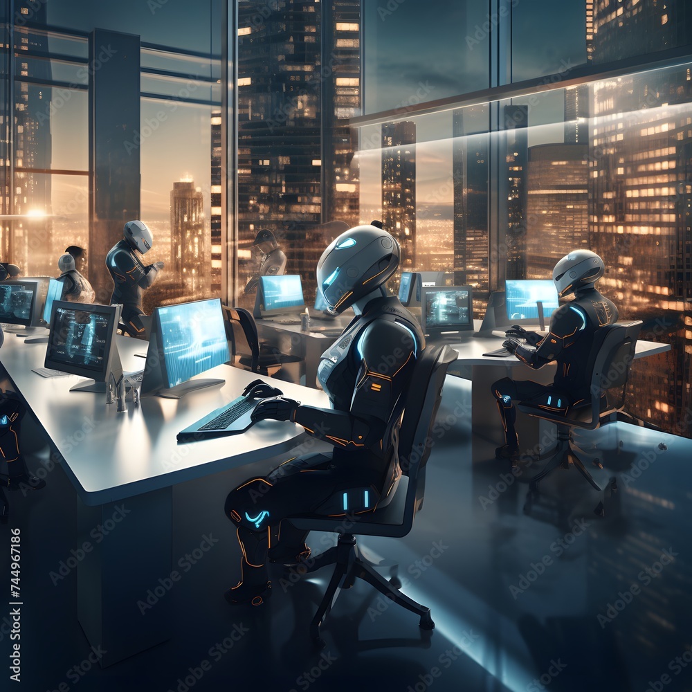 Robots work alongside humans in a city office as the evening light ...