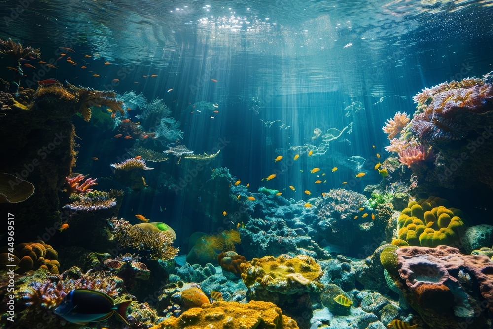Some corals under the ocean with sun rays shining from them, in the ...