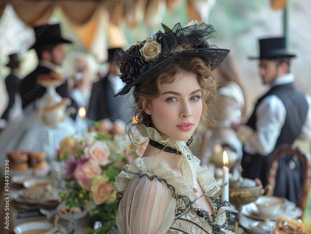 Victorian garden party with guests in period attire, tea setup, spring ...