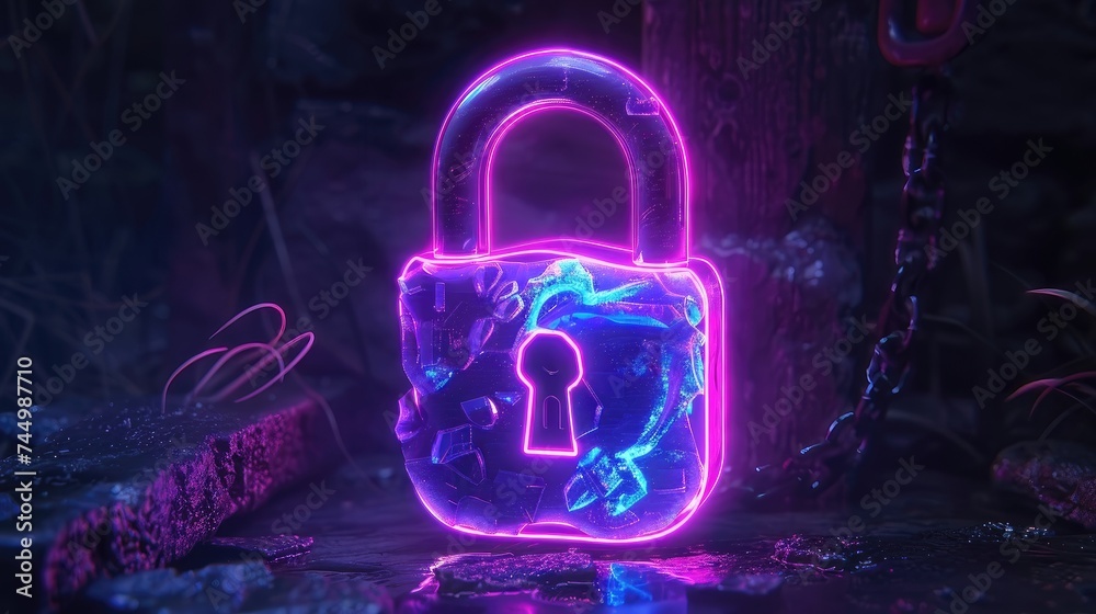 Neon purple padlock with blue highlights in a mystical forest setting ...