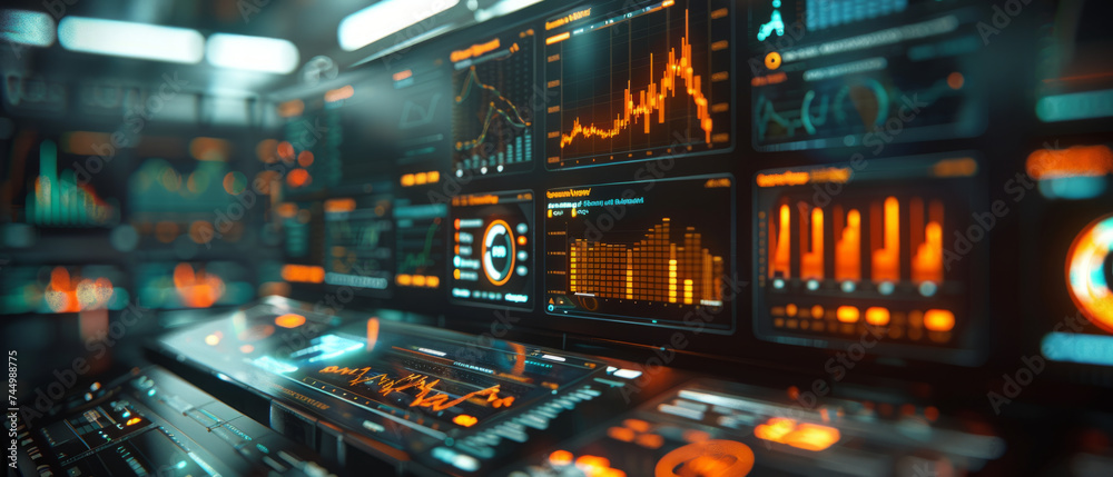 Futuristic control panel with glowing screens displaying graphs, data ...