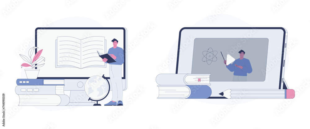 Online Learning and Online School Platform. Flat Cartoon Vector ...