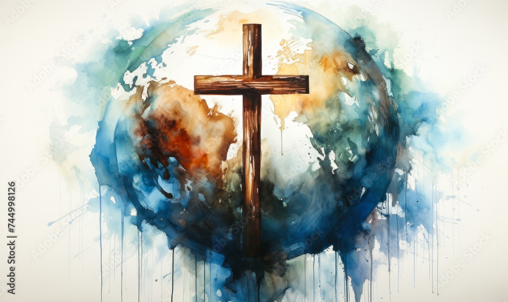 Watercolor painting of Earth cradled by a Christian cross, representing ...