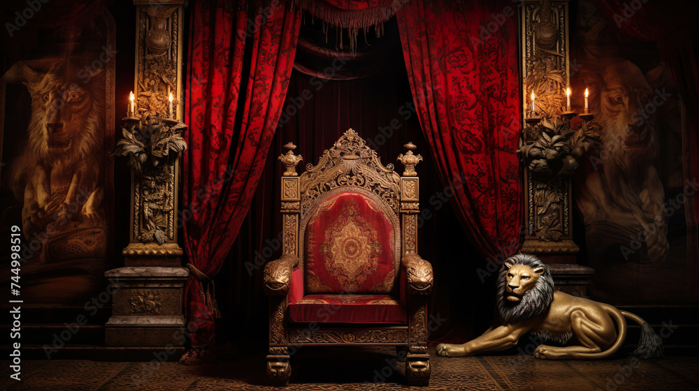 Throne room in a medieval castle king sitting on the throne. Stock ...
