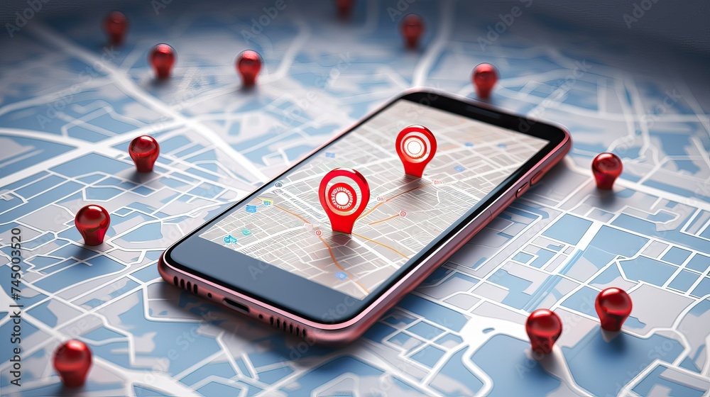 Digital map and phone with aerial view of city. Conceptual ...