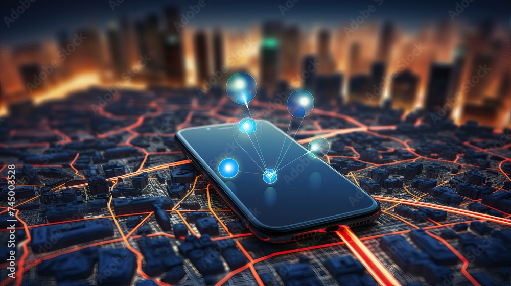 Digital map and phone with aerial view of city. Conceptual ...