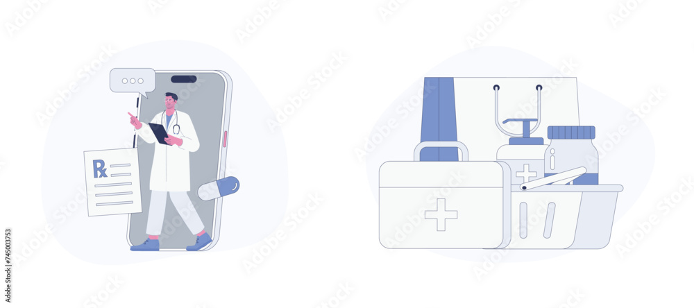 Online Doctor and Healthcare. Flat Cartoon Vector Illustration. Vector ...