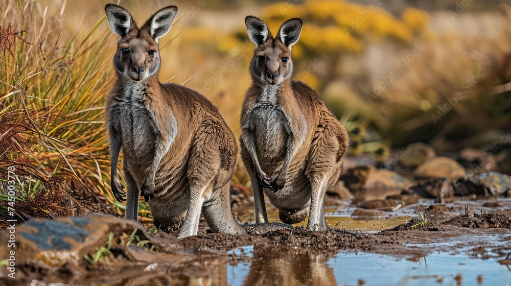 dynamic portrayal of playful kangaroos hopping around in the mud ...