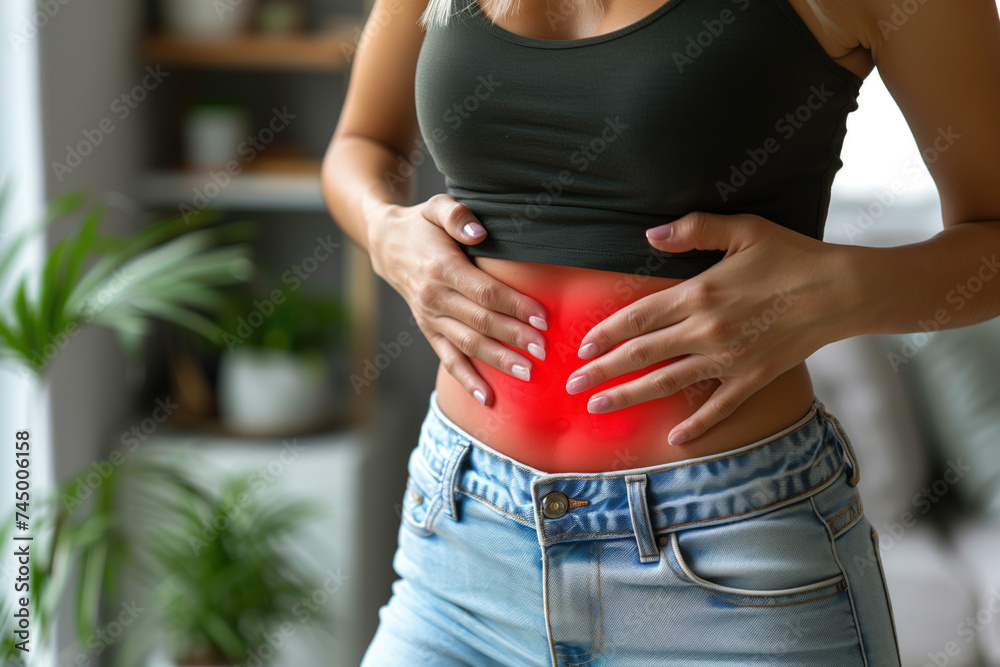 Menstrual pain, woman with stomachache suffering from pms at home ...