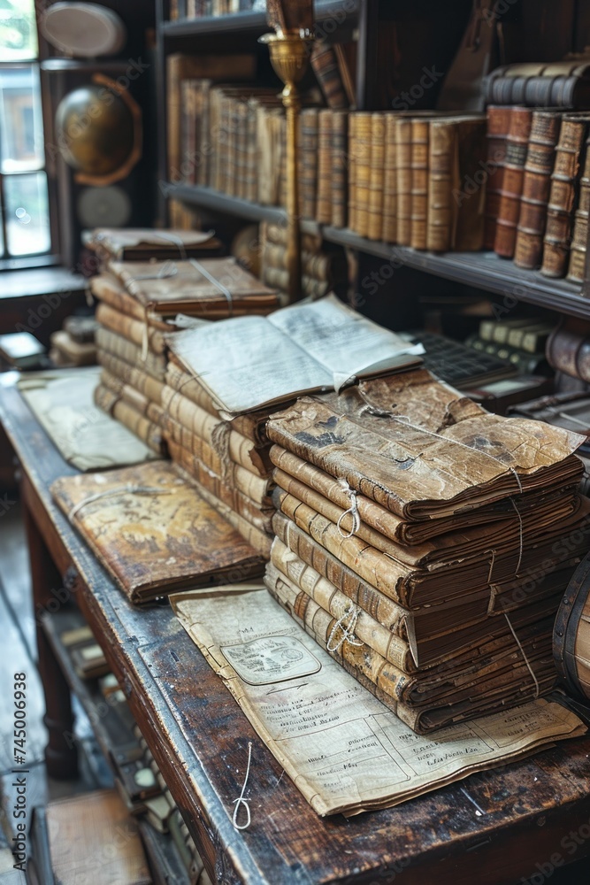 Historical artifacts and documents are arranged on a study table ...