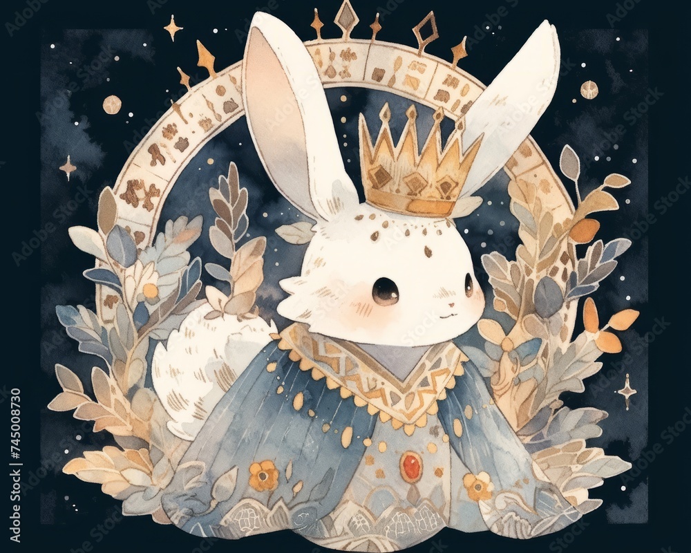 Intricate close-up of a rabbit god, adorned with golden crowns and ...