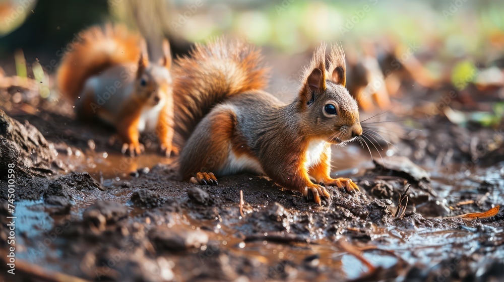 entertaining scene of playful squirrels rolling in the mud, capturing ...