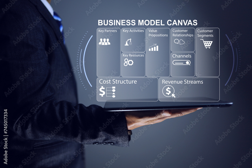 Business model canvas or BMC with businessman using tablet to planning ...