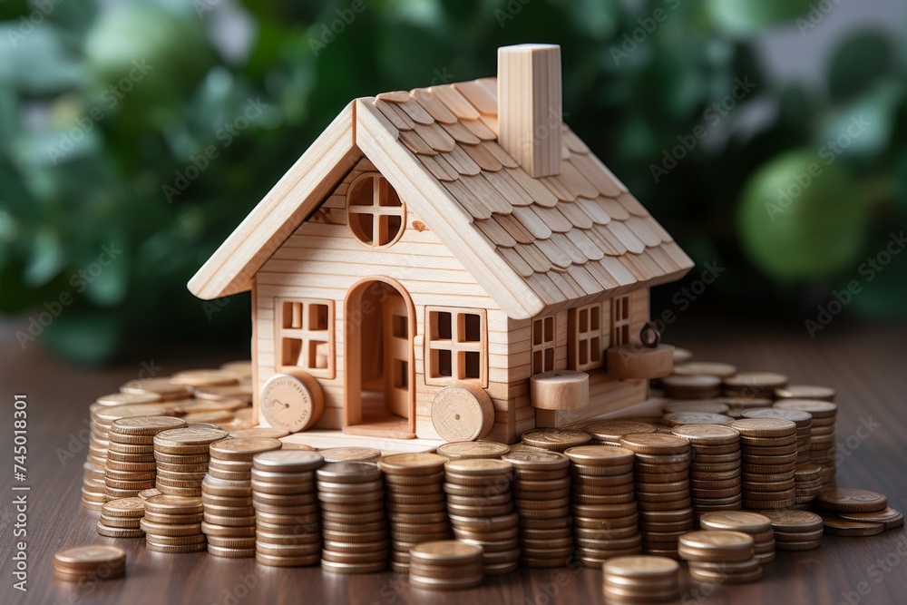 Real estate savings. model house on money coin stack, financial ...