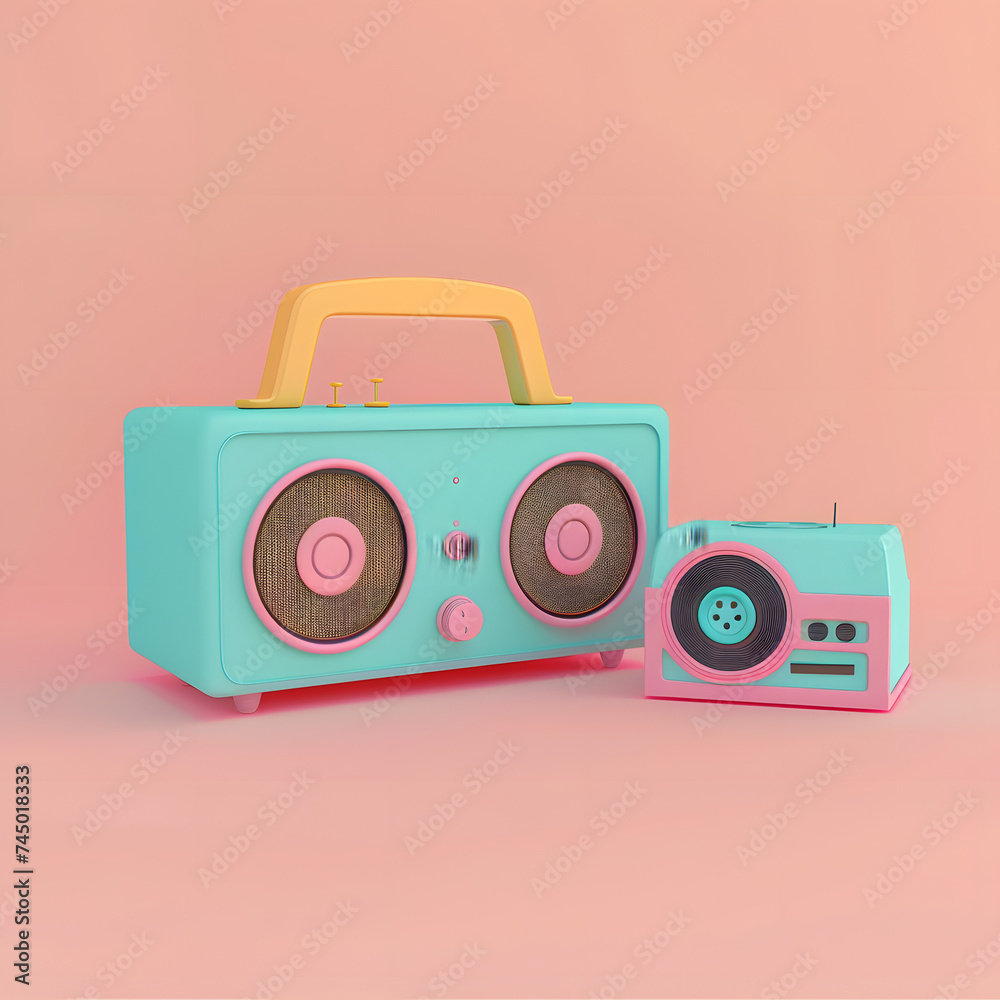 retro music player and tape recorder isolated on pastel background ...
