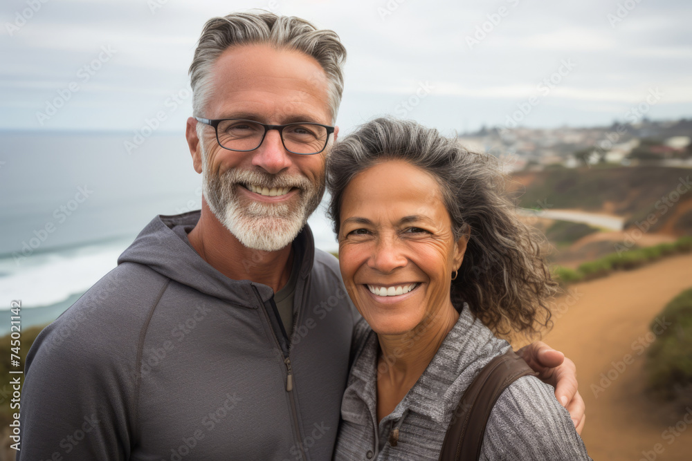 Smiling older interracial couple enjoying a walk along the coast on a ...