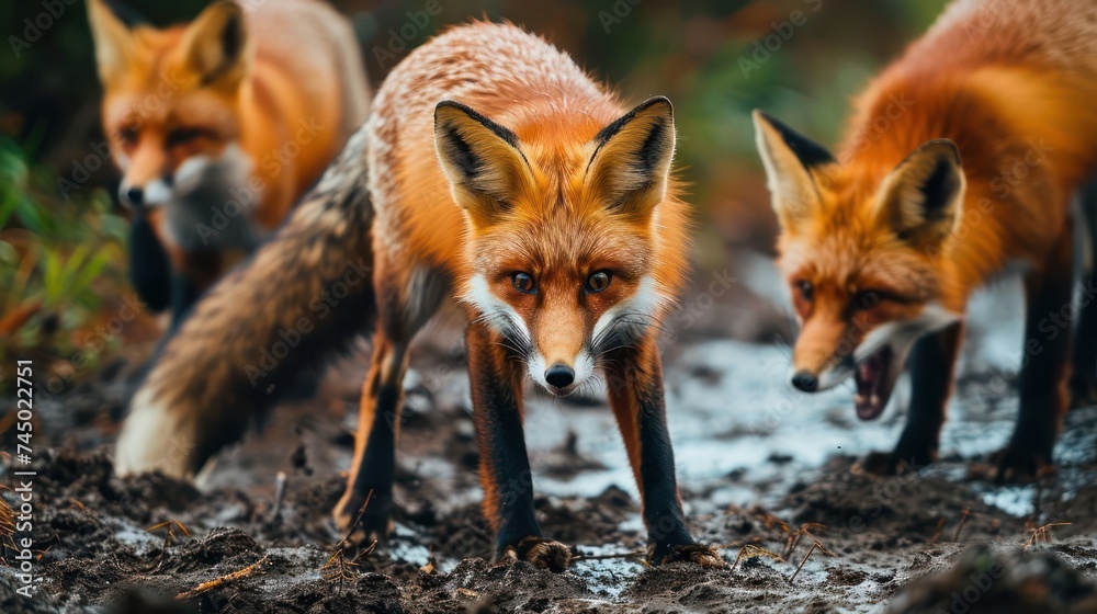 lively image of playful foxes frolicking in the mud, capturing their ...