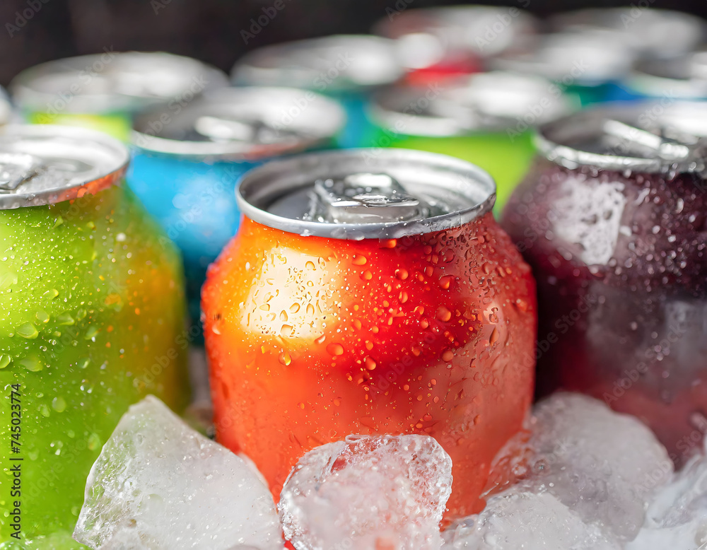 Chilled Colorful Soda Cans. A variety of cold soda cans nestled in ice ...