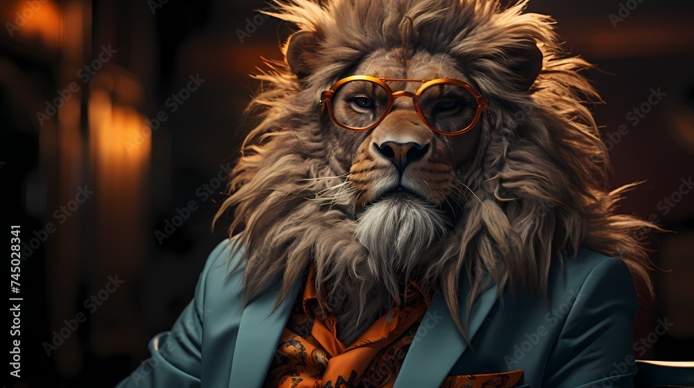 A stylish lion exudes confidence in a tailored suit and trendy ...