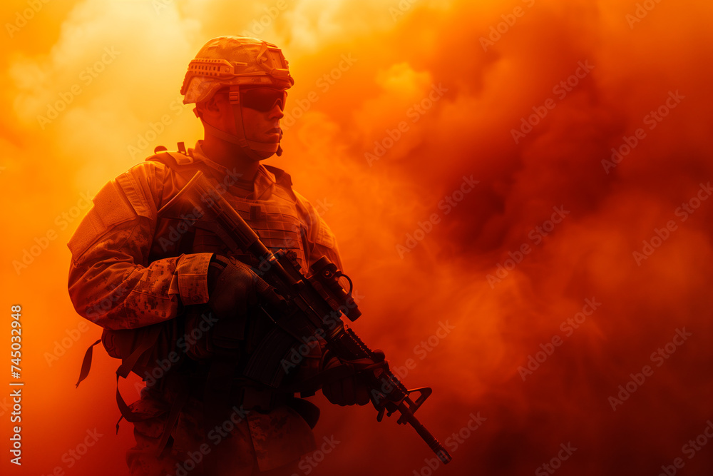 Soldier Standing Alert in Red Smoke. An alert soldier in tactical gear ...