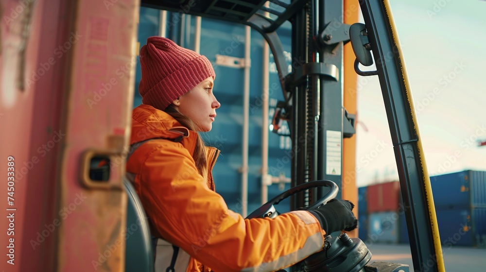logistic terminal operations: female foreman driving forklift at ...