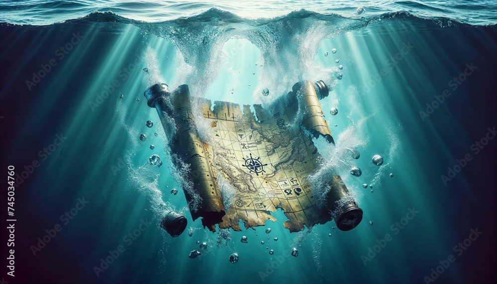 Pirate treasure map plunging into sea water. Generative Ai. Stock ...