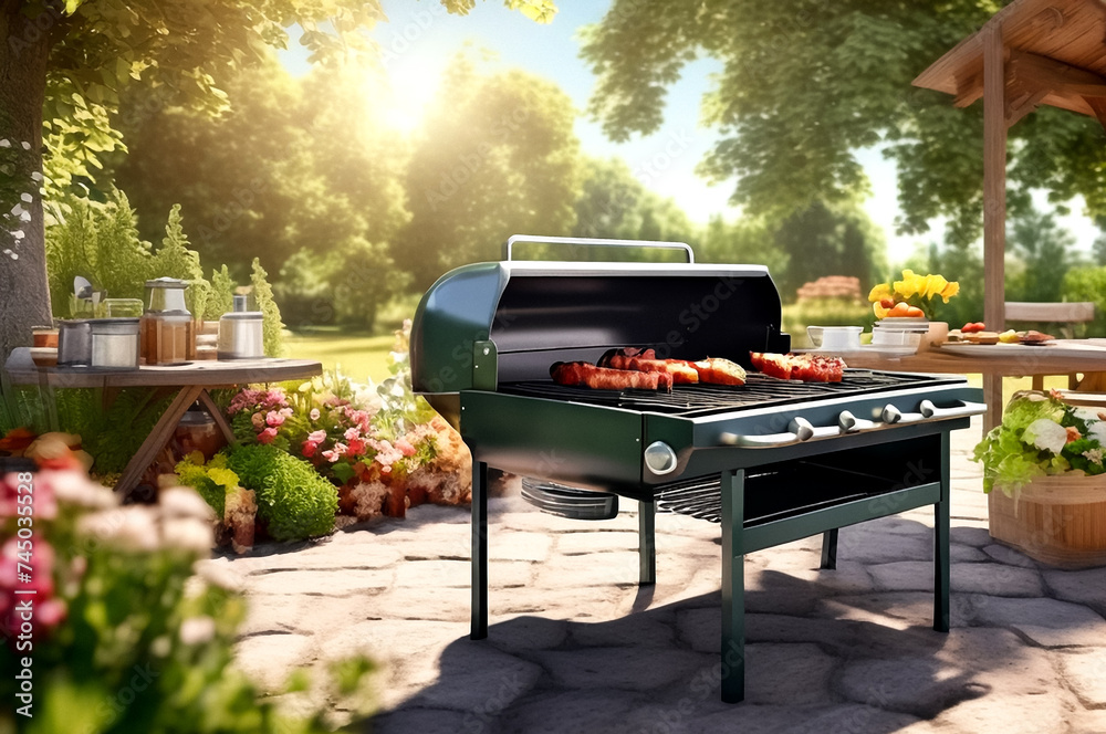 Barbecue grill in open air at country garden house. Summer holidays ...