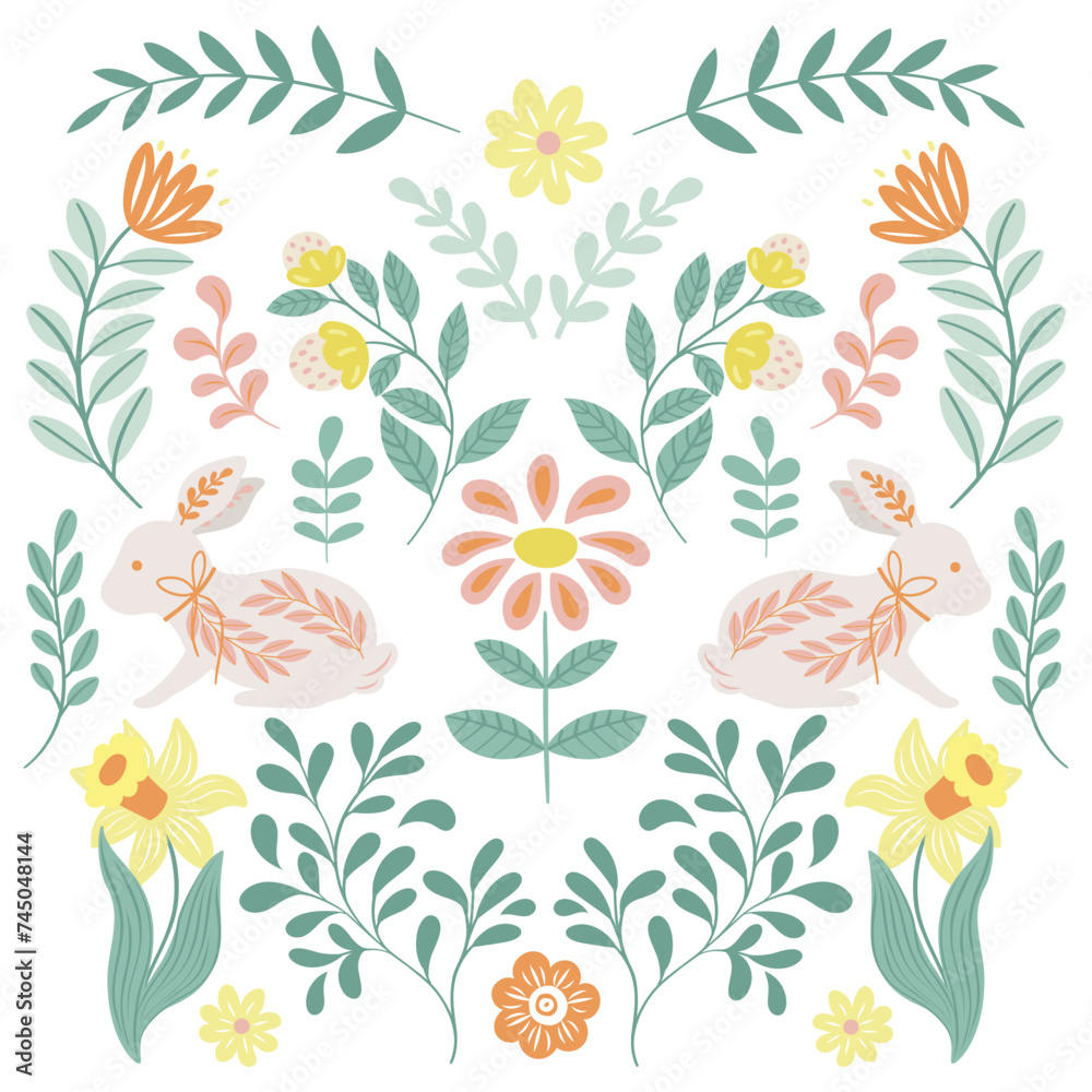 Collection of folk art design elements. Folk flora and fauna vector ...