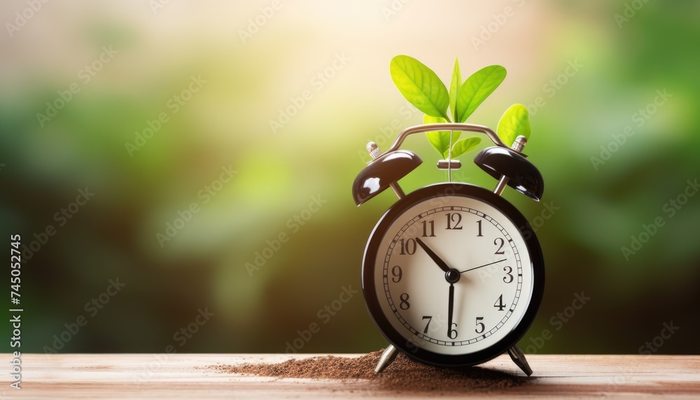 Alarm clock with green sprout with leaves symbolizing growth and time ...