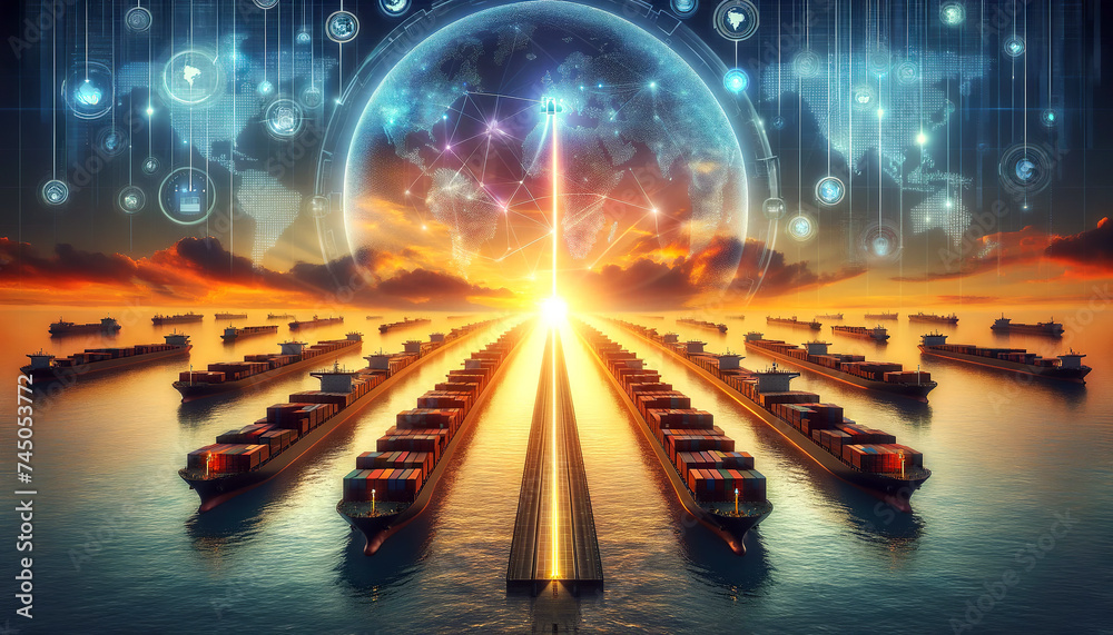 The image shows a futuristic harbor with rows of cargo ships guided by ...