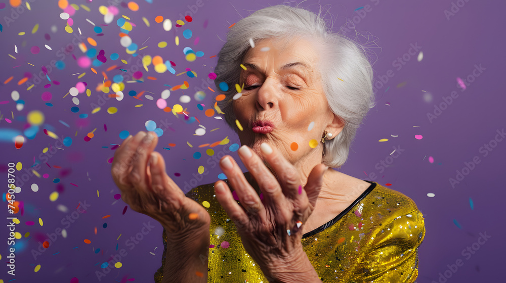 An older woman blowing a bunch of confetti that he holds in his hands ...
