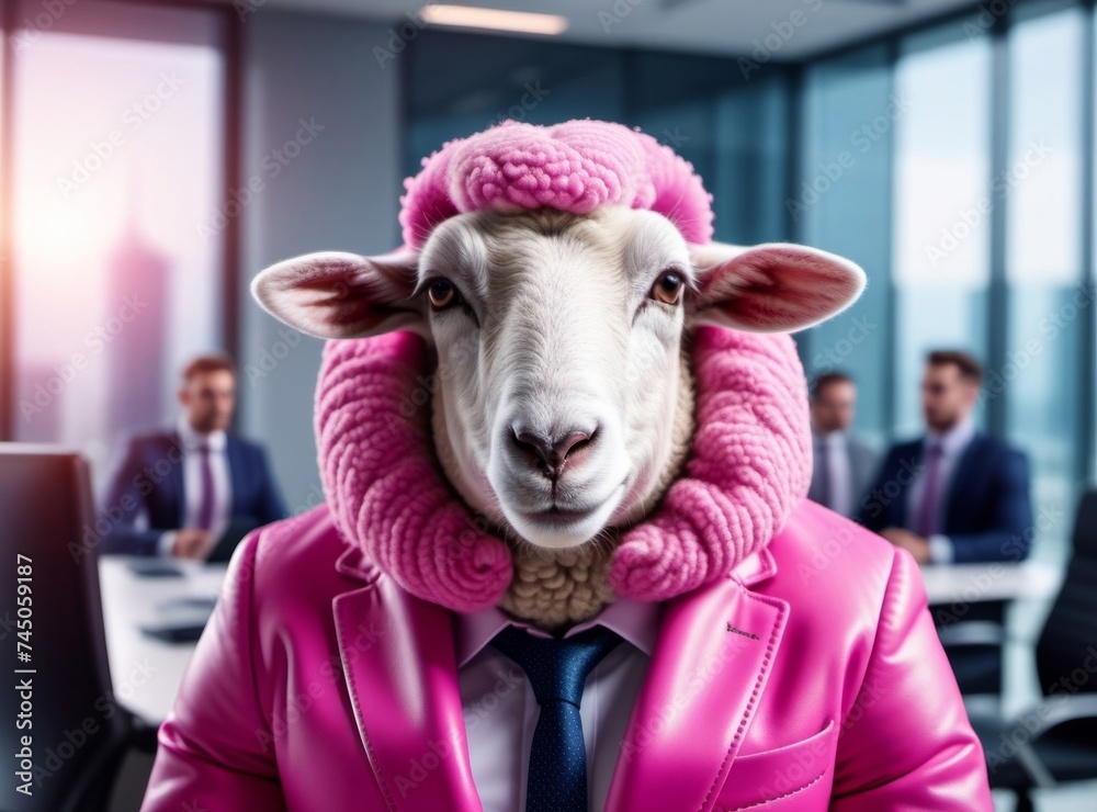 sheep animal in pink outfit working on laptop at the modern office ...