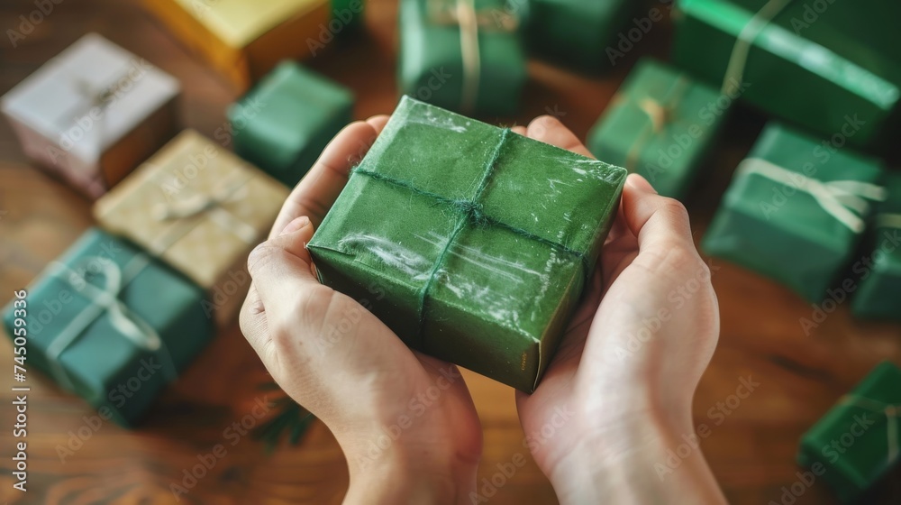 Secure Handling: Two Hands Holding Green Closed Box with Background of ...