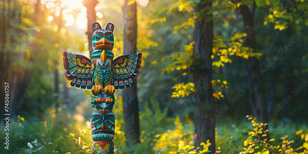 Colorful tall wooden bird totem pole with green trees park background ...