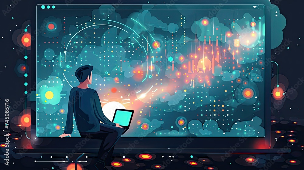 2D vector art of Social media with AI, design, dark blue colors, vector ...