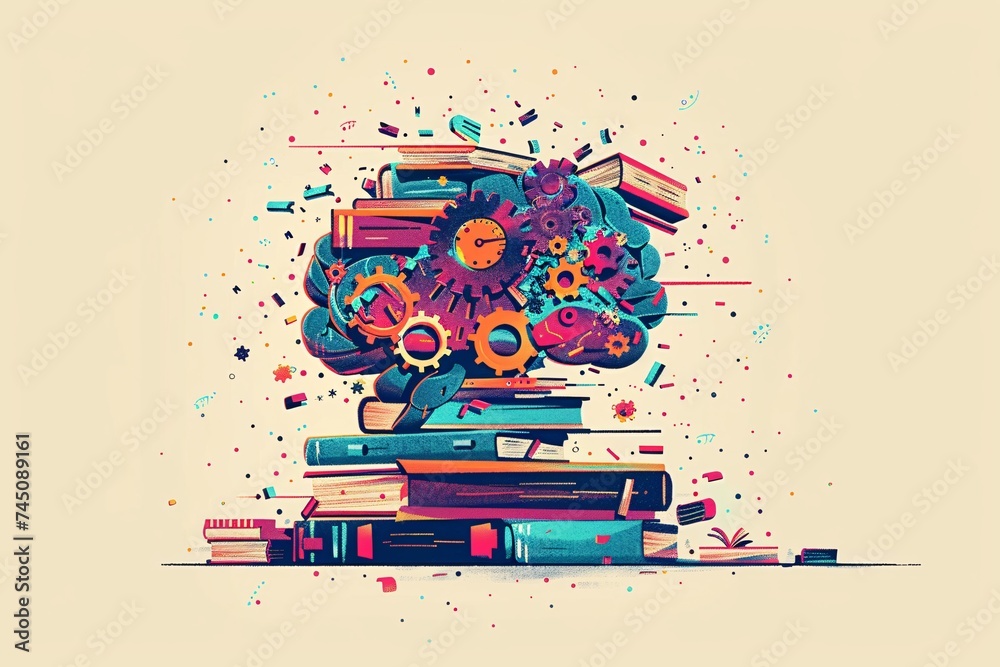 Colorful Book Stack with Clock and Gears A Creative and Eye-catching ...