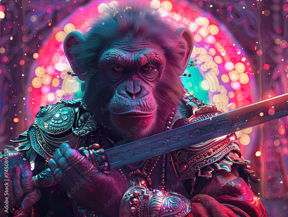 Medieval knight in armor. Portrait of gigantic cute monkey deity ...