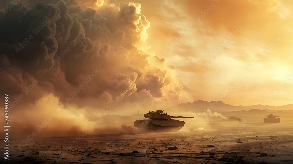 Army or military tank ready to attack in a battle moving over a ...