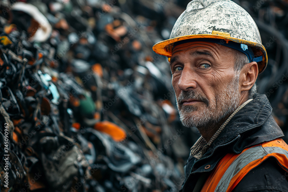 Mature man operating excavator and lifting rubber waste at recycling ...