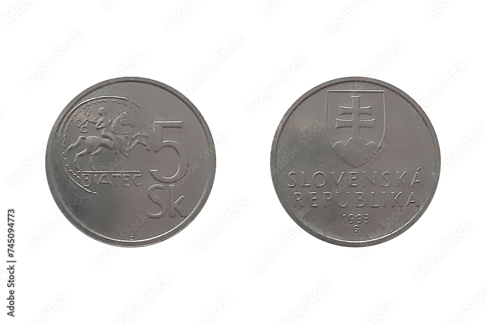 5 Korún 1993 year on white background. Coin of Slovakia. Obverse Coat ...